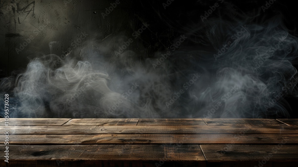 Smoke rising from the dark background behind an empty wooden table ...
