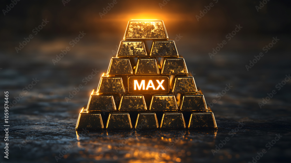 Pyramid of gold bars with glowing word "max". Symbol of record high ...