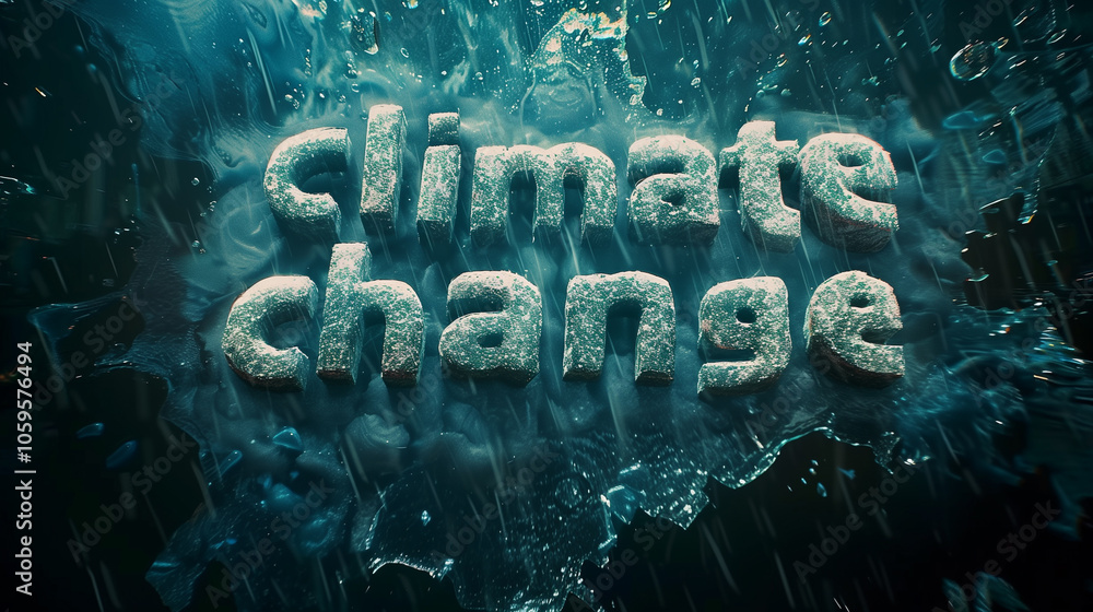 Frozen letters spelling "climate change" on a dark background ...