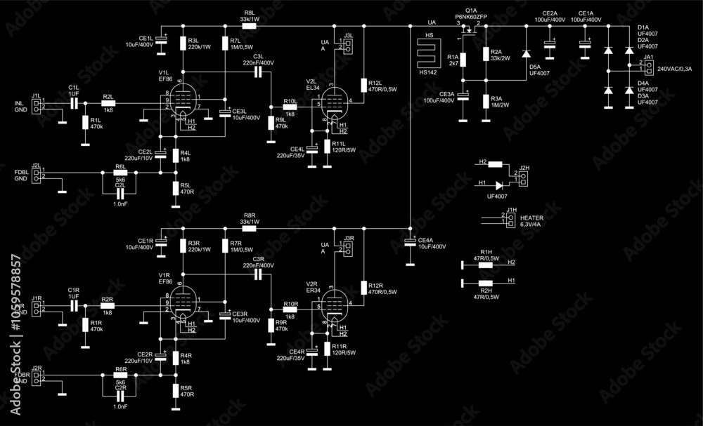 Schematic diagram of electronic device on paper sheet. Vector drawing ...