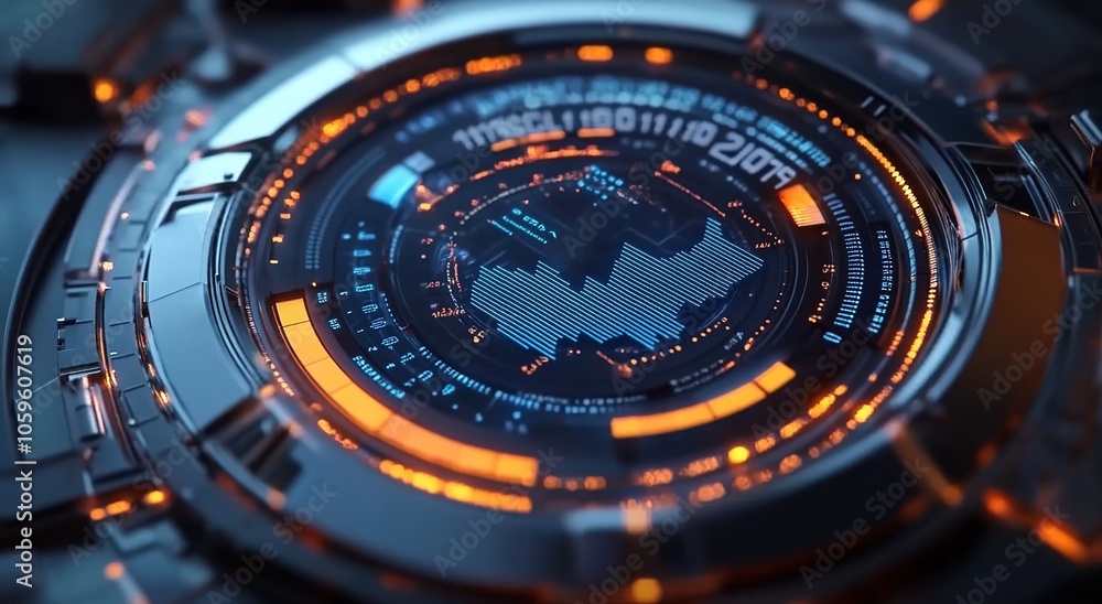 A circular time machine with blue and orange lights on the front ...