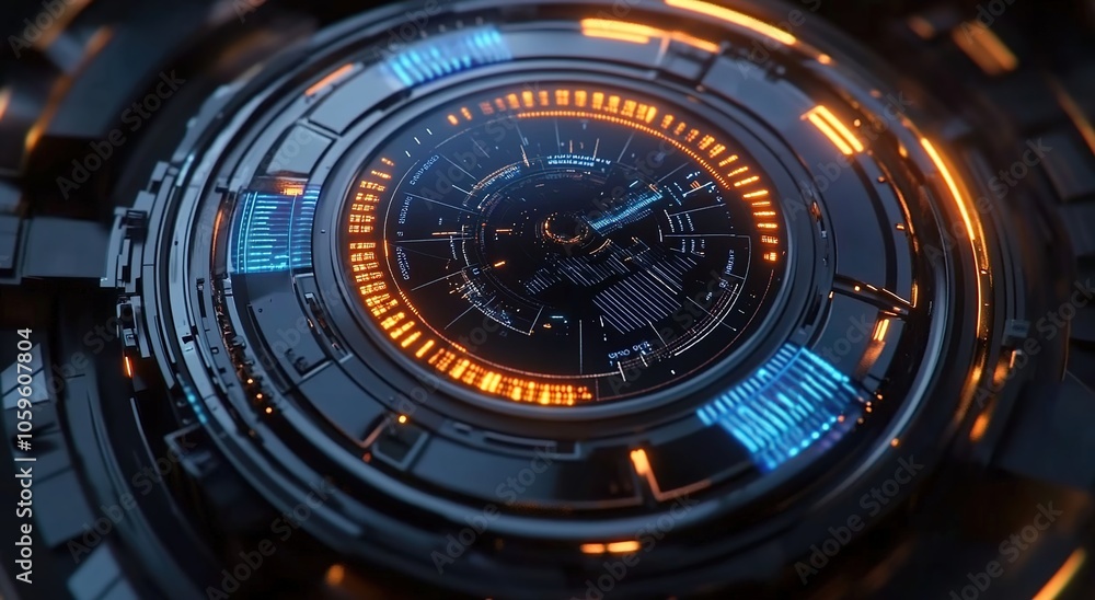 A circular time machine with blue and orange lights on the front ...