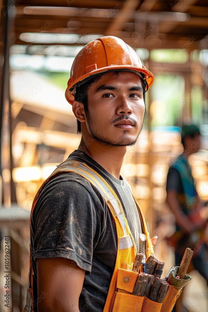 Construction worker arriving at the job site, a traditional Thai wooden ...