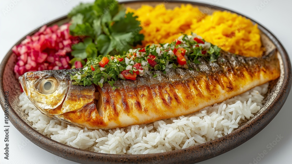 A traditional Iranian dish of Sabzi Polo Mahi, featuring grilled fish ...