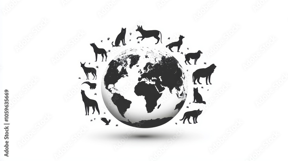 Silhouettes of various animals surround a stylized globe, emphasizing ...