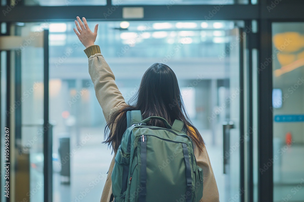 College student girl waving goodbye to parents before entering security ...