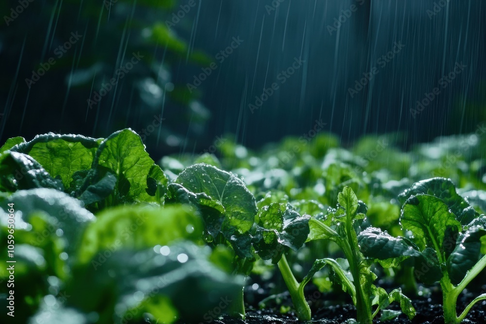 Light rain refreshes a thriving vegetable garden, as water droplets ...