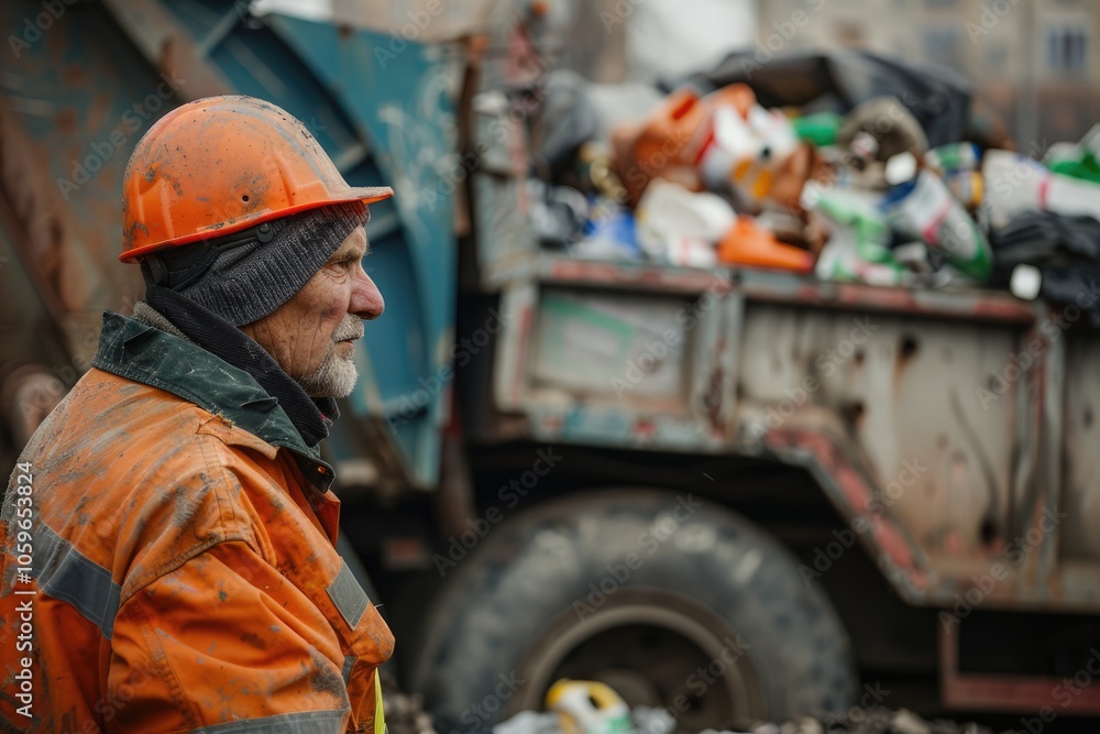 Portrait of a smiling worker in a hard hat at a scrapyard. Industrial ...