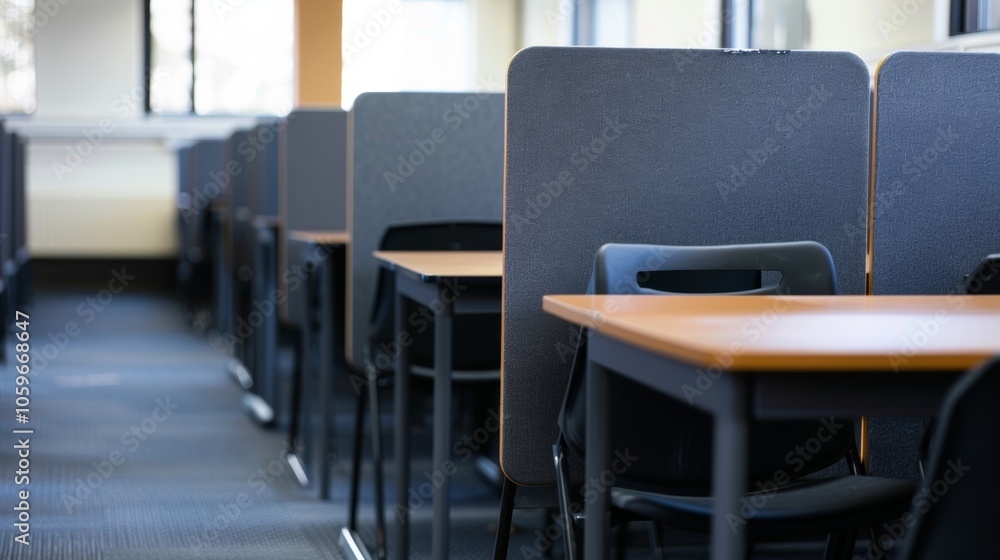 Rows of empty desks with dividers create individual study spaces in a ...