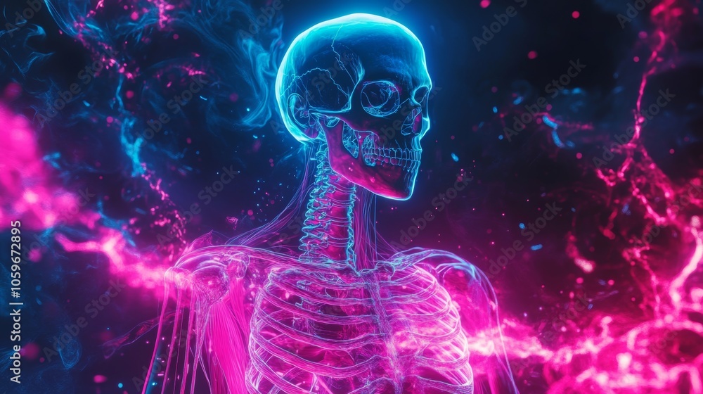 Futuristic medical illustration of a glowing human skeleton and nervous ...