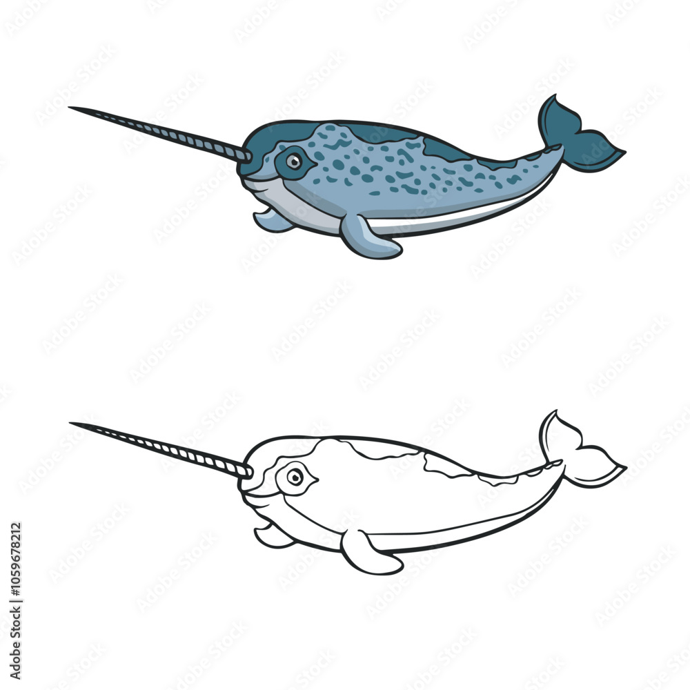 narwhal. Cartoon. Isolated on white background. Line art. Outline. Hand ...