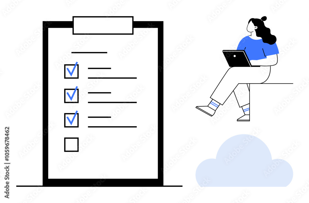 Woman sitting on ledge with laptop reviews checklist with checkboxes ...