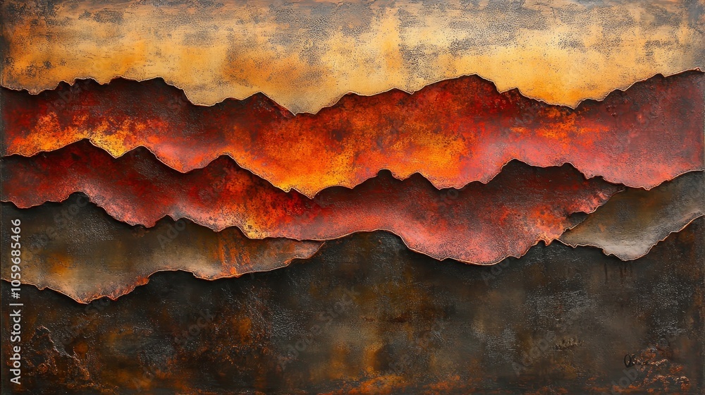 Aged metal sheet with deep layers of rust, organic corrosion patterns ...