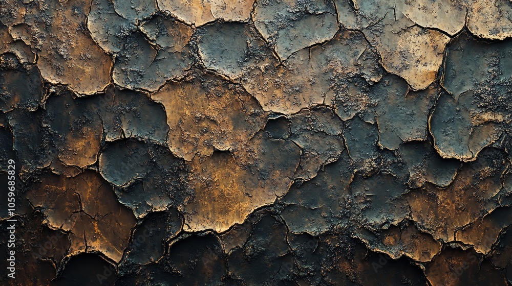 Aged metal surface, heavily corroded with rust cracks, decayed paint ...