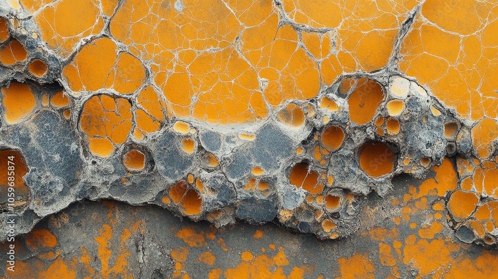 Aged metal surface, rust forming web-like structures, soft orange-brown ...