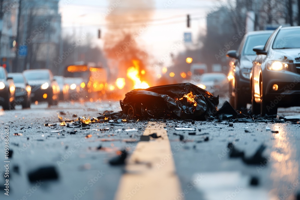 In an urban setting, debris from a street car crash is scattered as ...