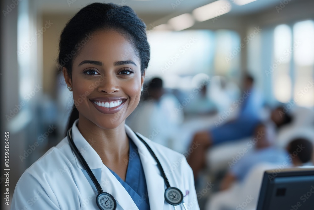 A female doctor confidently smiles in a busy hospital setting, with ...