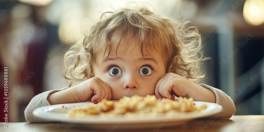 Scared little girl sitting in front of a dish and refusing to eat ...