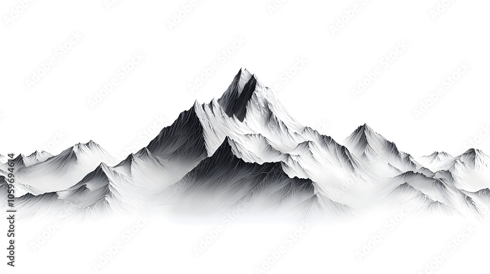 ภาพประกอบสต็อก Dramatic mountain landscape in pencil, rocky ridges ...