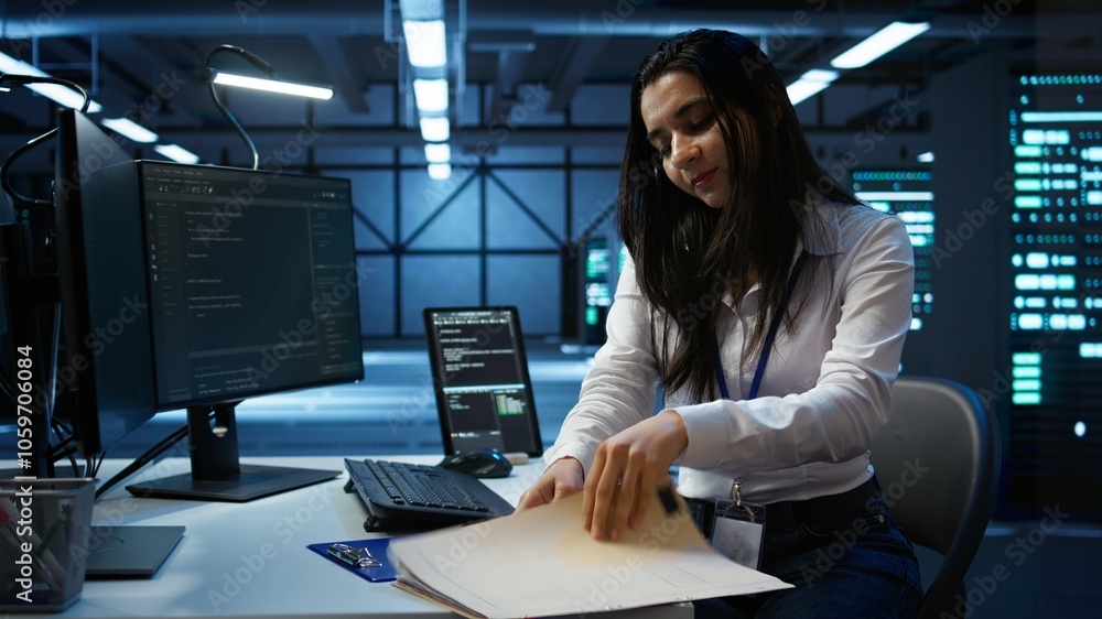 Programmer in data center arriving in office, being tasked with ensuring system can handle ...