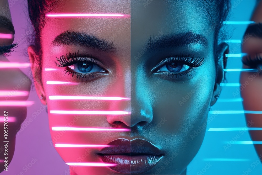 A striking portrait, split by neon lights, showcases a dual-toned face ...