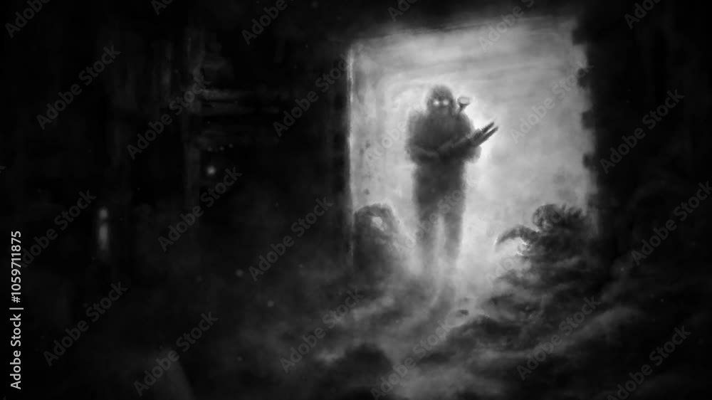 Figure of soldier enters a scary room. Spaceship captured by evil ...