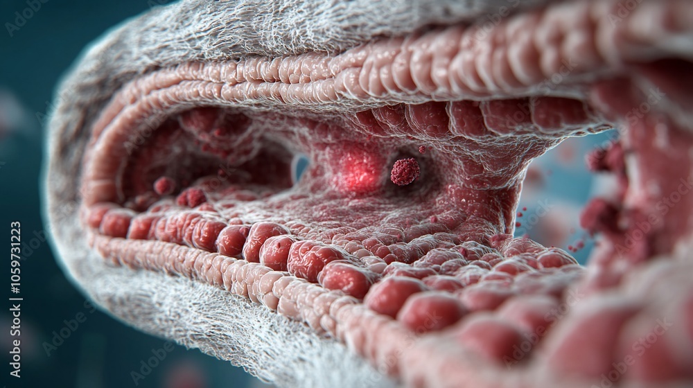Microscopic view of a human intestine, showing the lining of the small ...