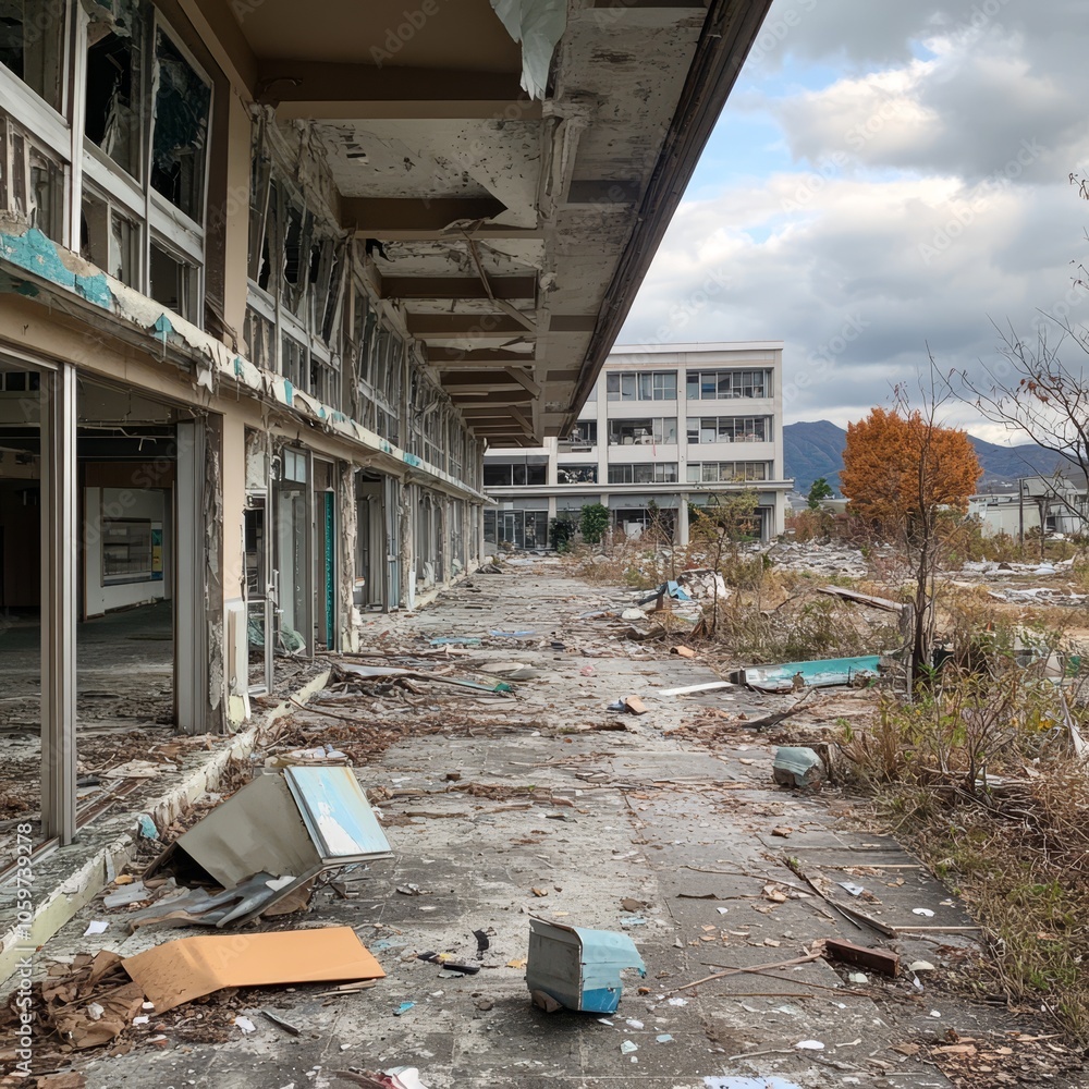 Abandoned School Building with Overgrown Grounds and Deteriorating ...