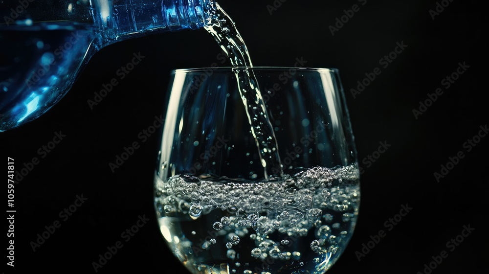Blue bottle gently pouring water into a half-full glass, with visible ...