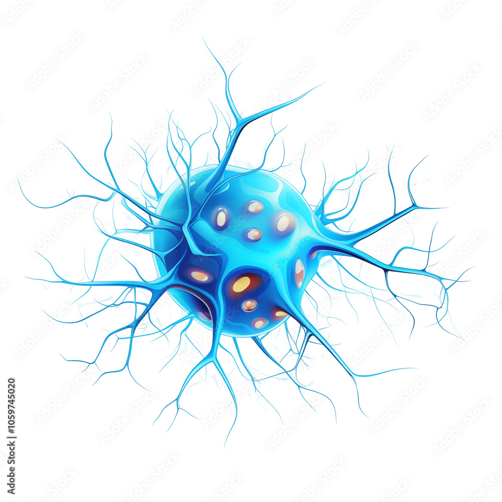 Cartoon depiction of a blue neuron with branching projections on a ...
