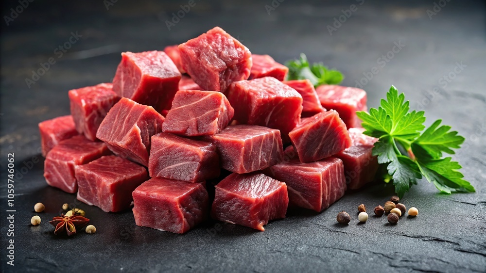 Freshly cut cubes of tender beef on display at a minimalist feast Stock ...