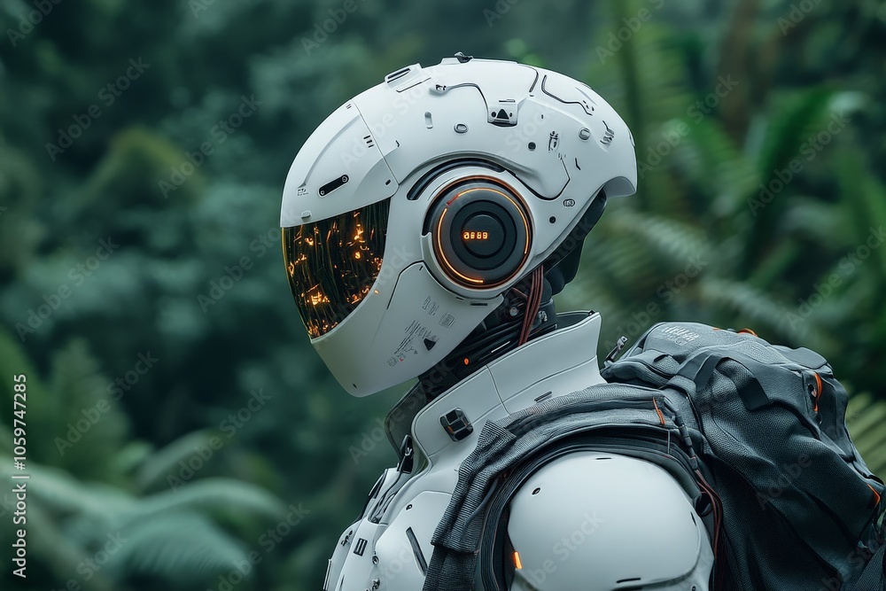 A highly advanced cyborg stands vigilantly in a natural forest setting ...