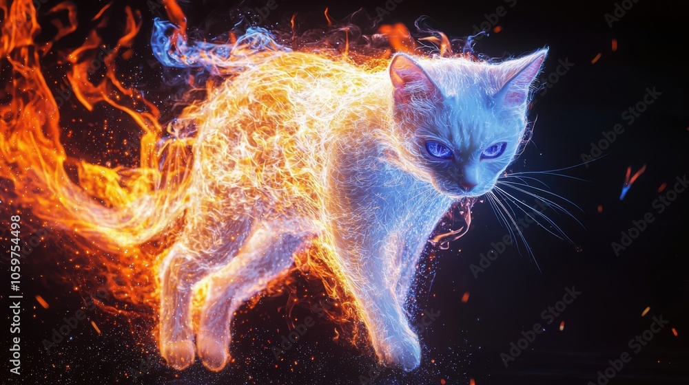 Flame Cat: A Feline Fantasy in Fire and Motion Stock Illustration ...