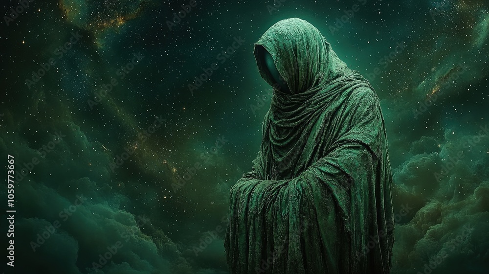 Mysterious Hooded Figure Cloaked in Green Robes Amidst Ethereal Cosmic ...