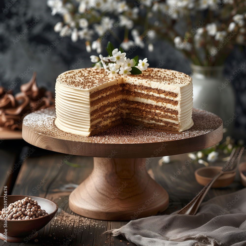 Elegant layered cake with smooth cream frosting and delicate floral ...