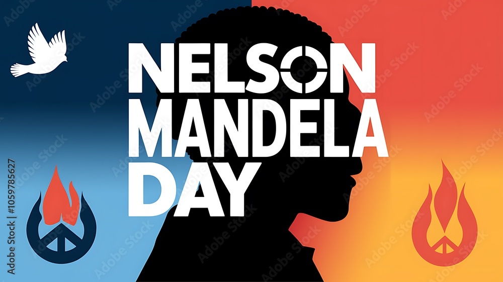Silhouette of Nelson Mandela with Peace and Flame Symbols, Text "Nelson ...