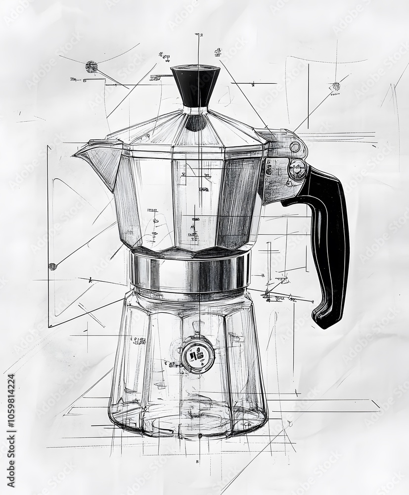 Blueprint of a Bialetti mokka in single parts on white background in ...