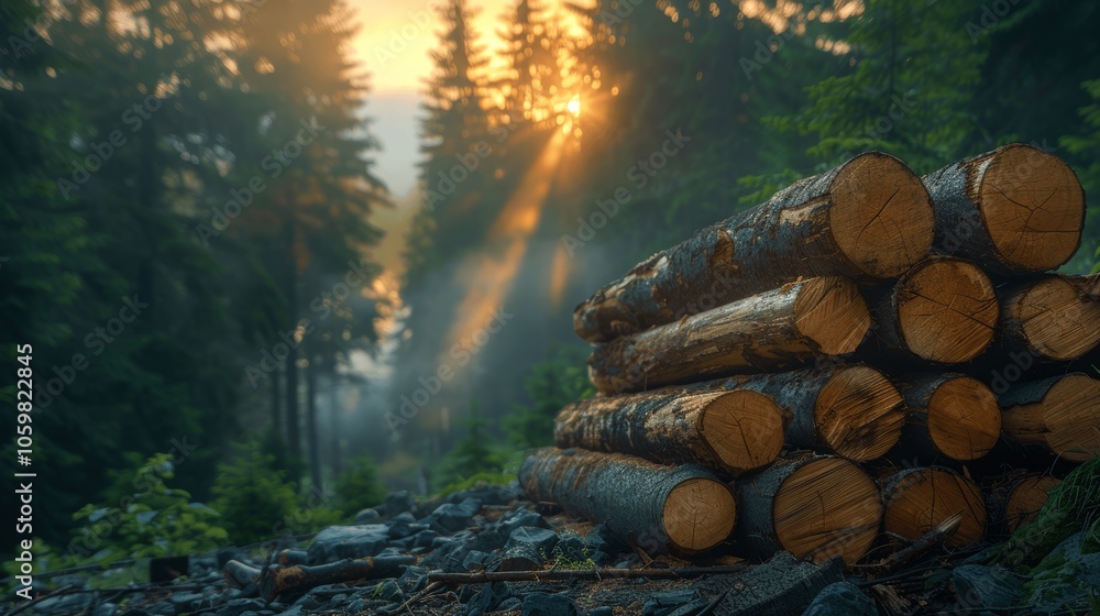 large stack pile of cut timber wooden logs in the forest logging ...