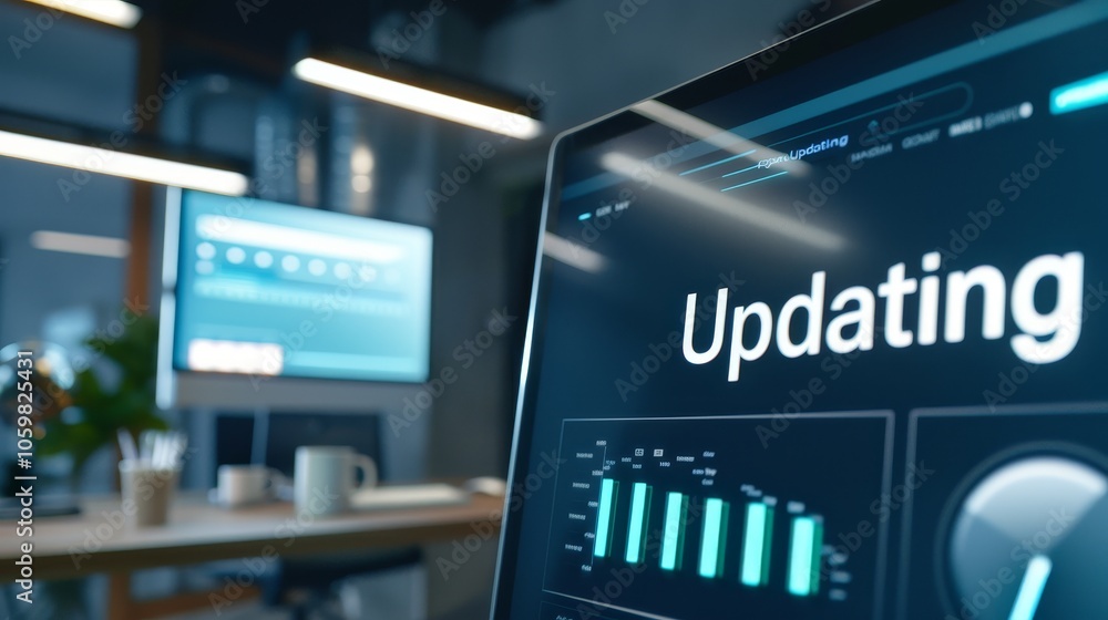 Close-up of computer screen showing software update progress bar with "Updating" in bold letters ...