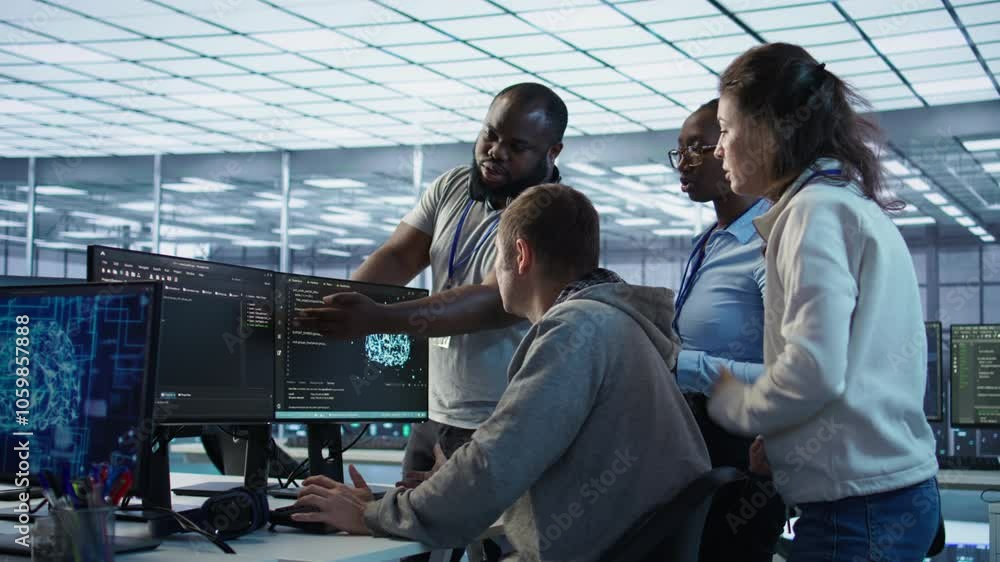 Technician doing brainstorming with colleagues to fix error in code ...