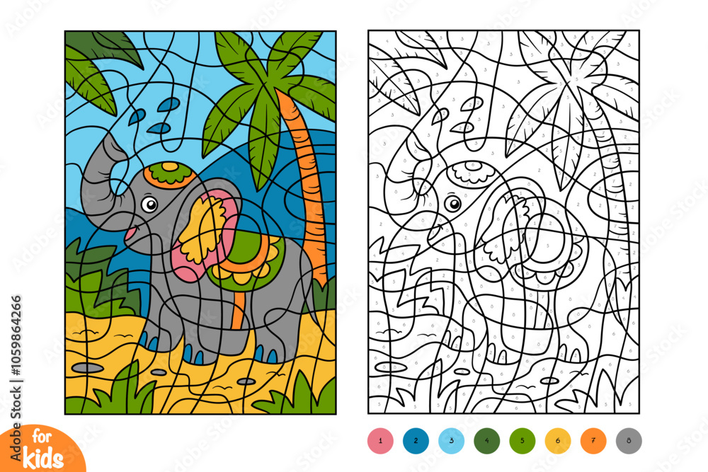 Cartoon Indian Elephant. Color by number, education game for kids Stock ...