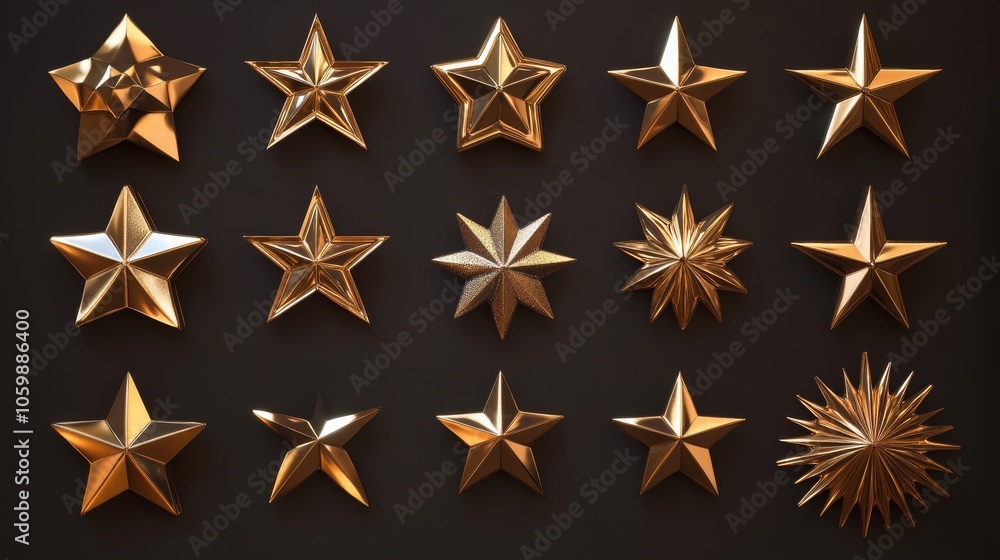 114.A collection of realistic 3D golden stars in various shapes and ...