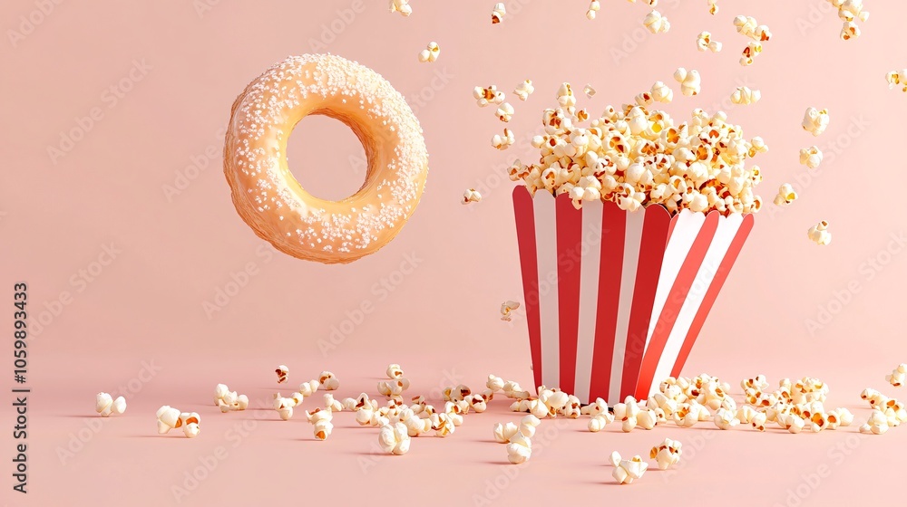 suspended snack food still life, detailed glazed ring pastry, classic ...