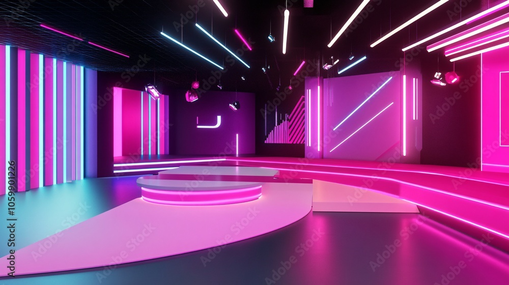 neon-accented product stages, futuristic suspended light fixtures, high ...