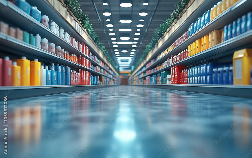 Blurry shopping shelves in supermarkets and department stores realistic ...