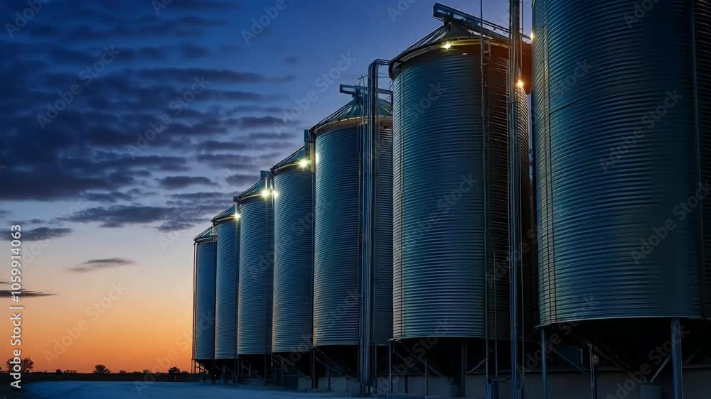 A row of large metal tanks are lit up at dusk. The tanks are lined up ...