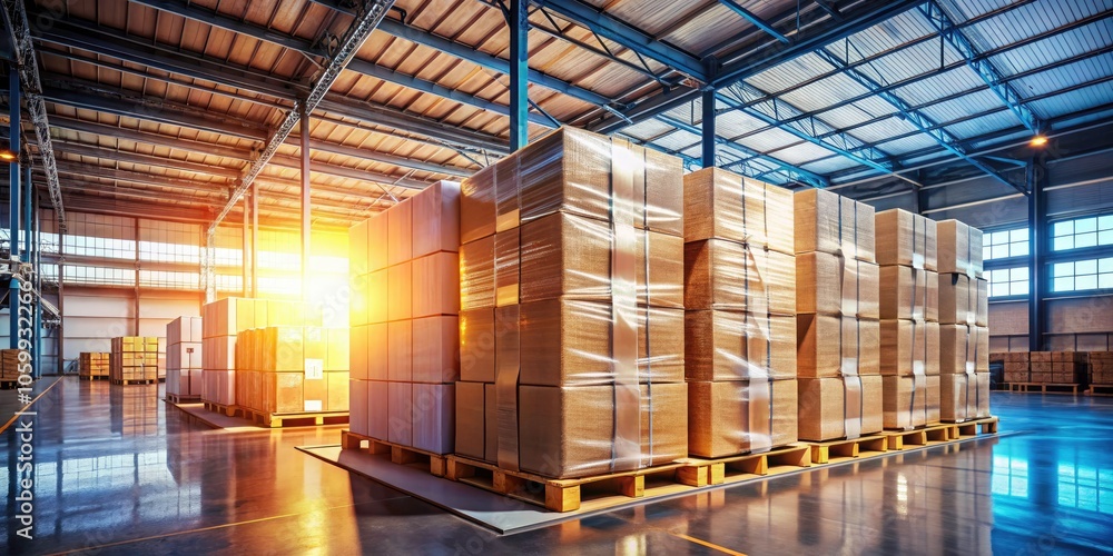 Stacked Plastic Wrapped Boxes on Pallets for Shipping Trucks in Supply ...