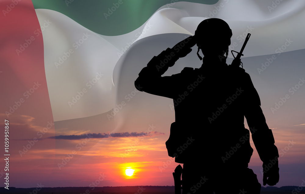 Silhouette of a soldier against the sunset and UAE flag. Armed forces ...