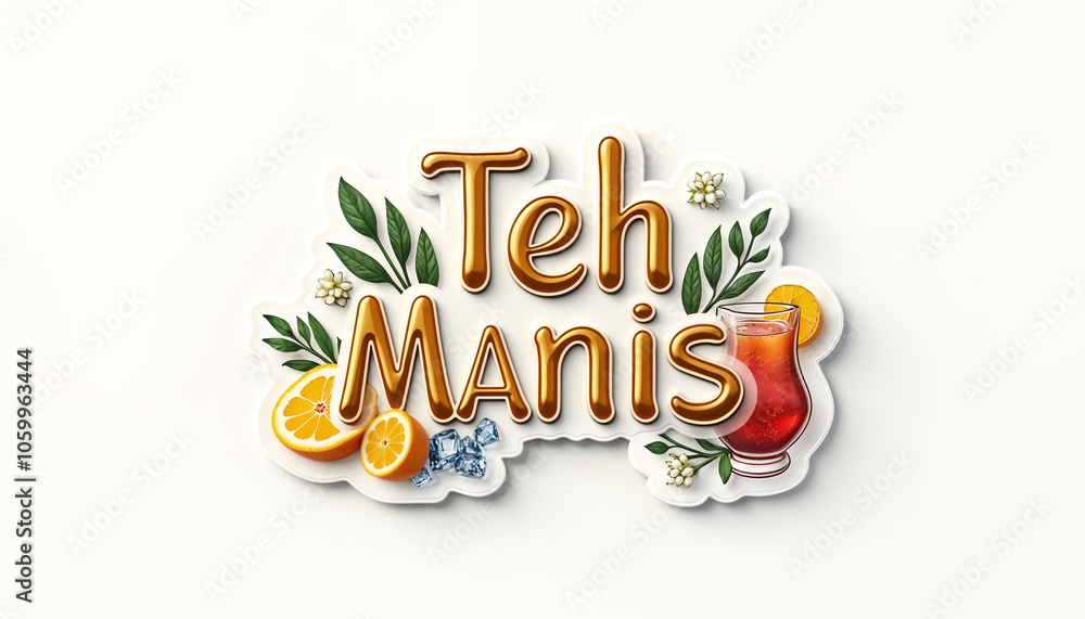 Chic and elegant sticker design for 'TEH MANIS' in gold surrounded by ...