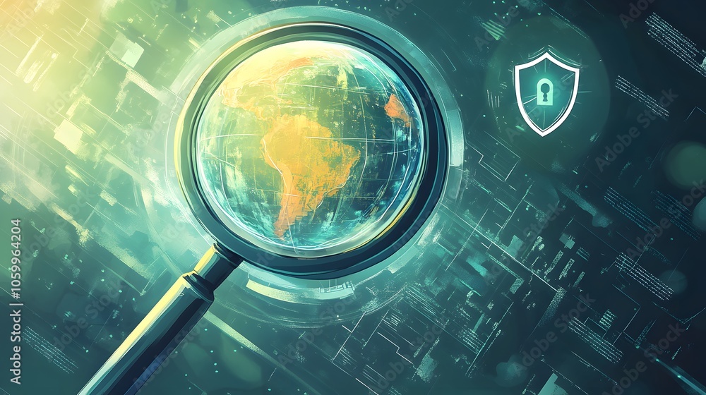 Artistic globe centered with an orbiting magnifying glass,alongside a ...